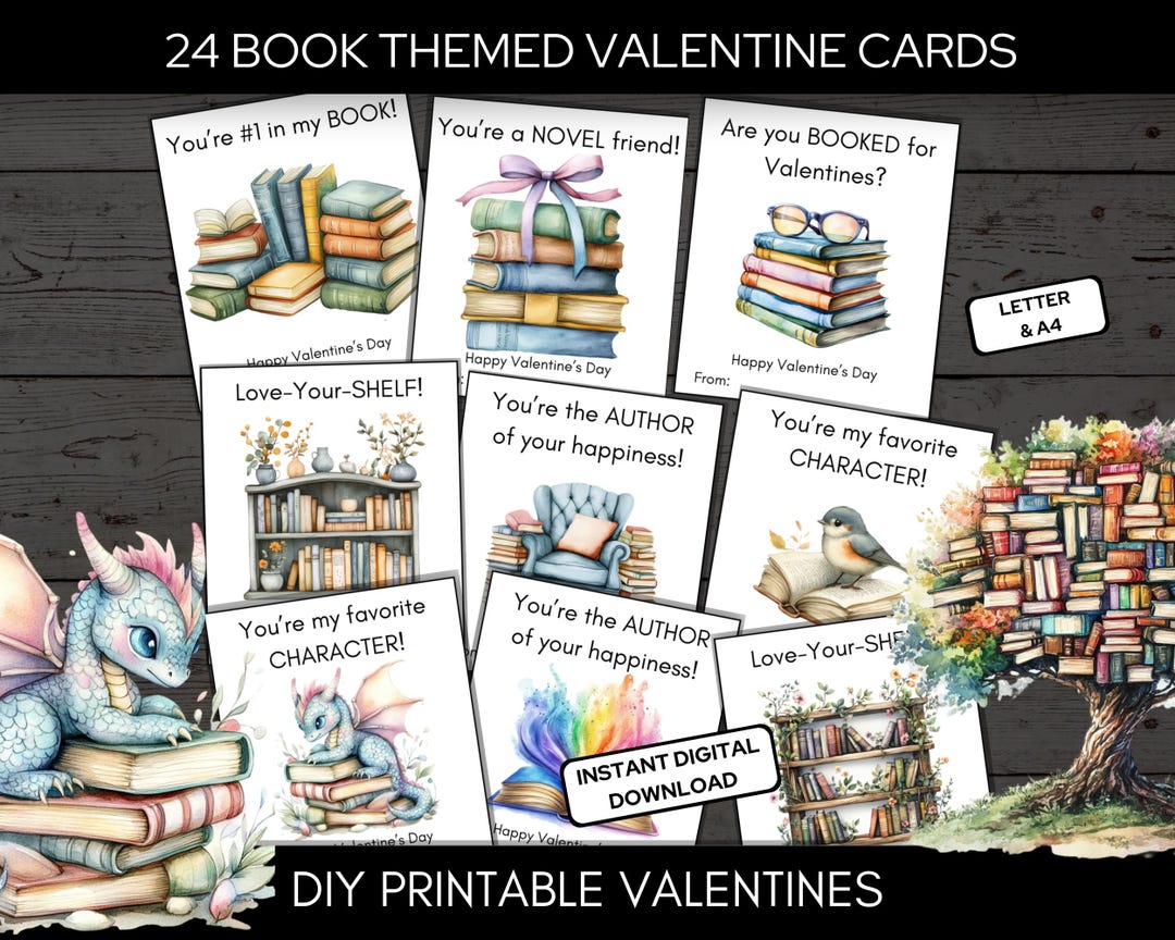 24 Book Themed Valentine Cards - Librarian or Book Lover Valentines - Etsy