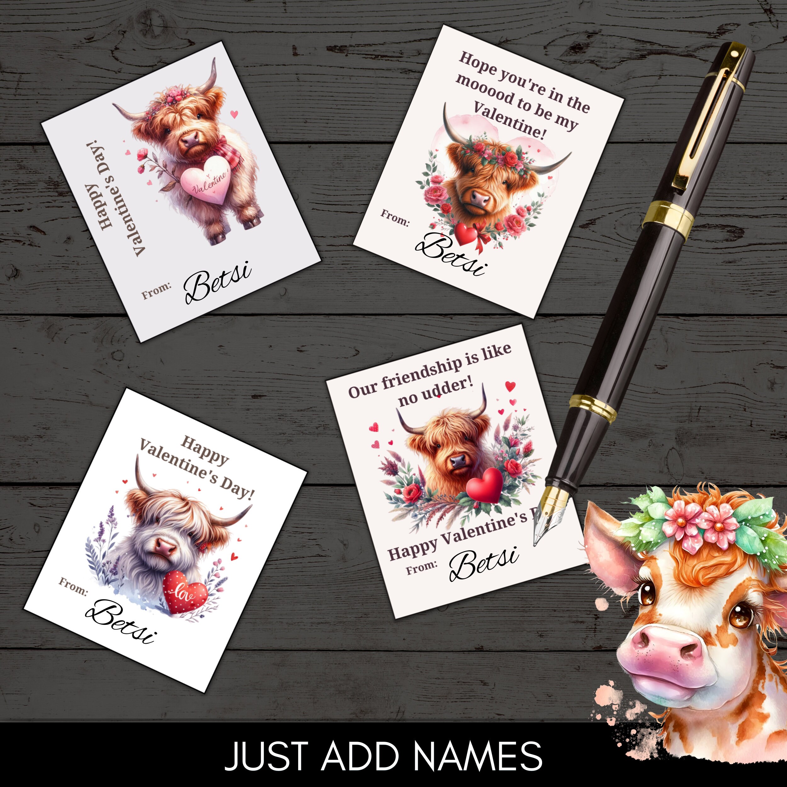 Cute Highland Cow Valentine Cards for Class Exchange Letter & A4 Format ...