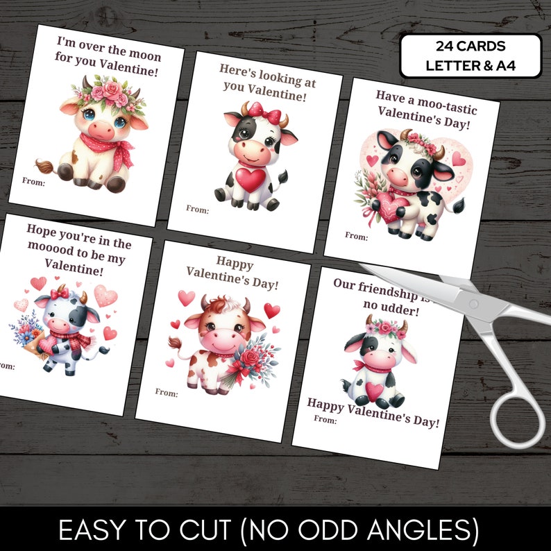24 Cute Cow Valentine Cards for Class Exchange Letter & A4 Format - Etsy