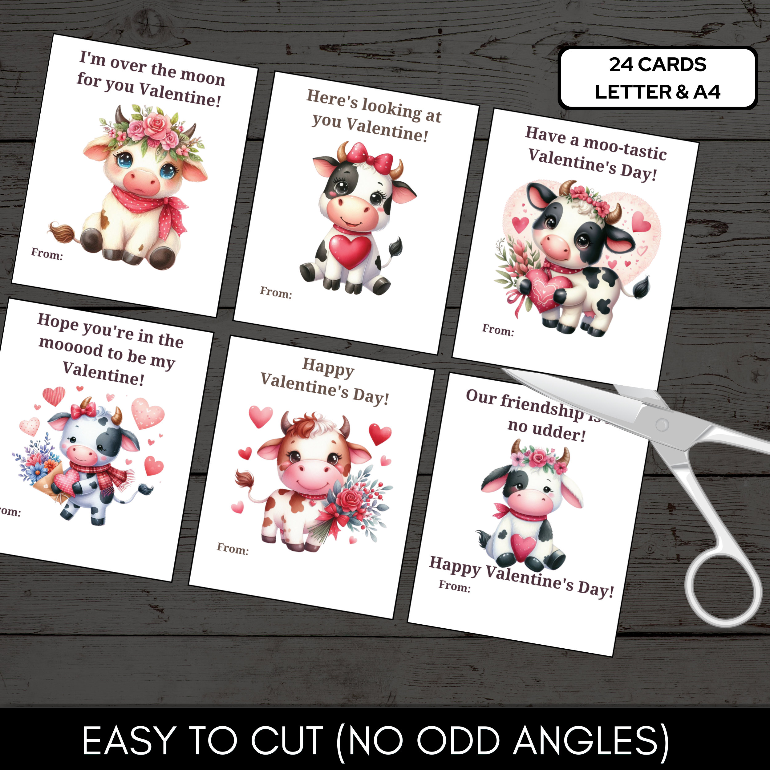 24 Cute Cow Valentine Cards for Class Exchange Letter & A4 Format - Etsy