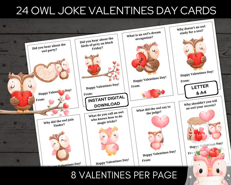 Funny Owl Joke Valentine Cards for Class Exchange Letter & A4 Format ...