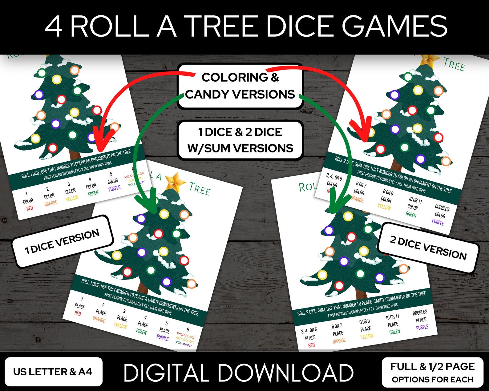 4 Roll A Tree Christmas Games, Roll A Tree Dice Game, Printable Games ...