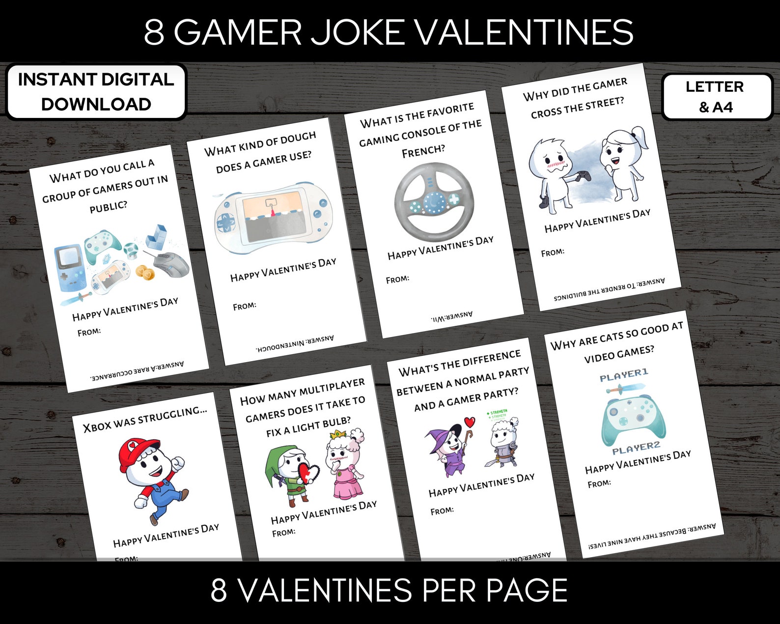 Funny Gamer Joke Valentine Cards for Class Exchange Letter & A4 Format ...