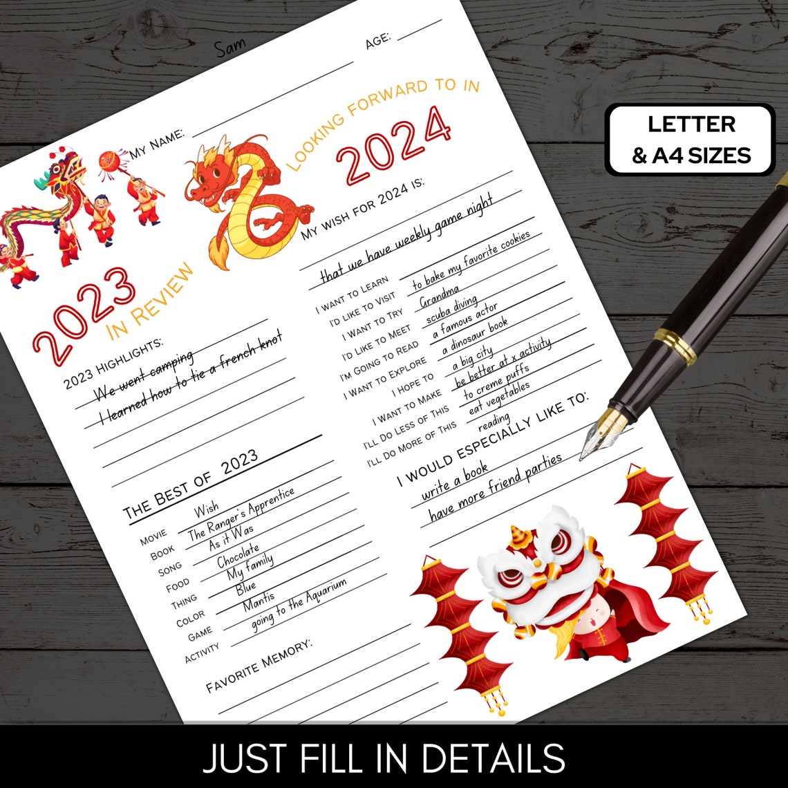 2024 Year of the Dragon Printable New Years Activity, Year in Review ...