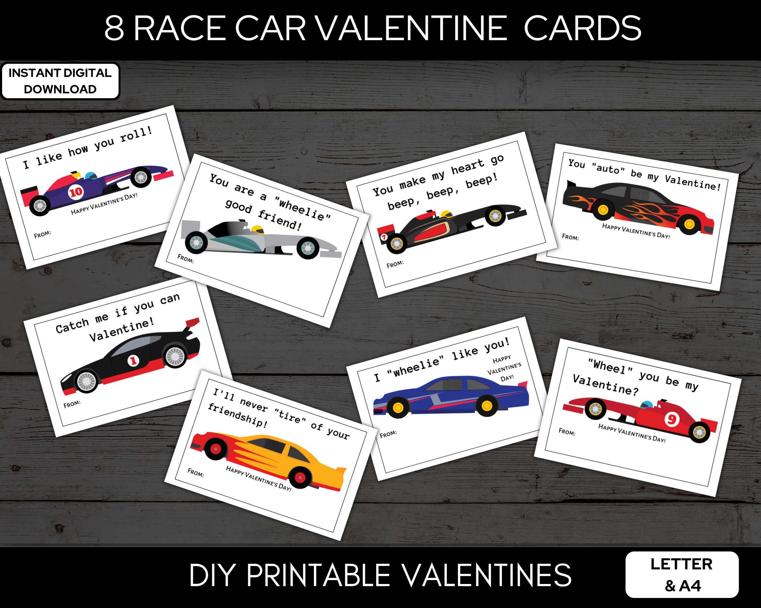 Racing Car Valentine Cards - Racer Classroom Valentines - Race Car ...