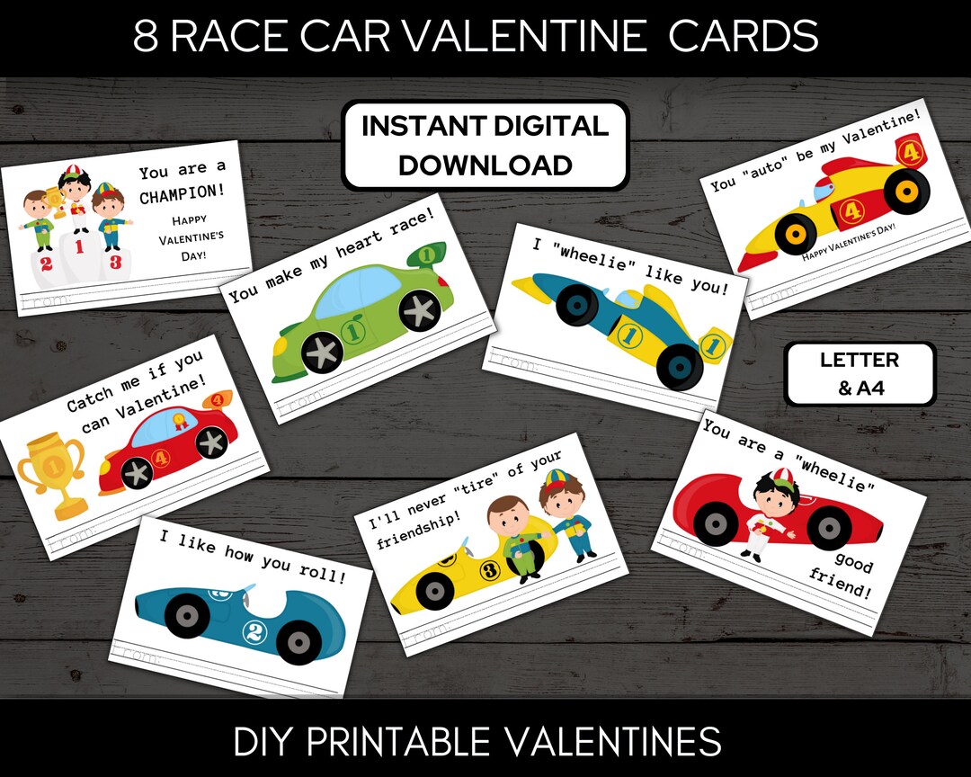 Race Car Valentine Cards - Car Classroom Valentines - Race Car ...