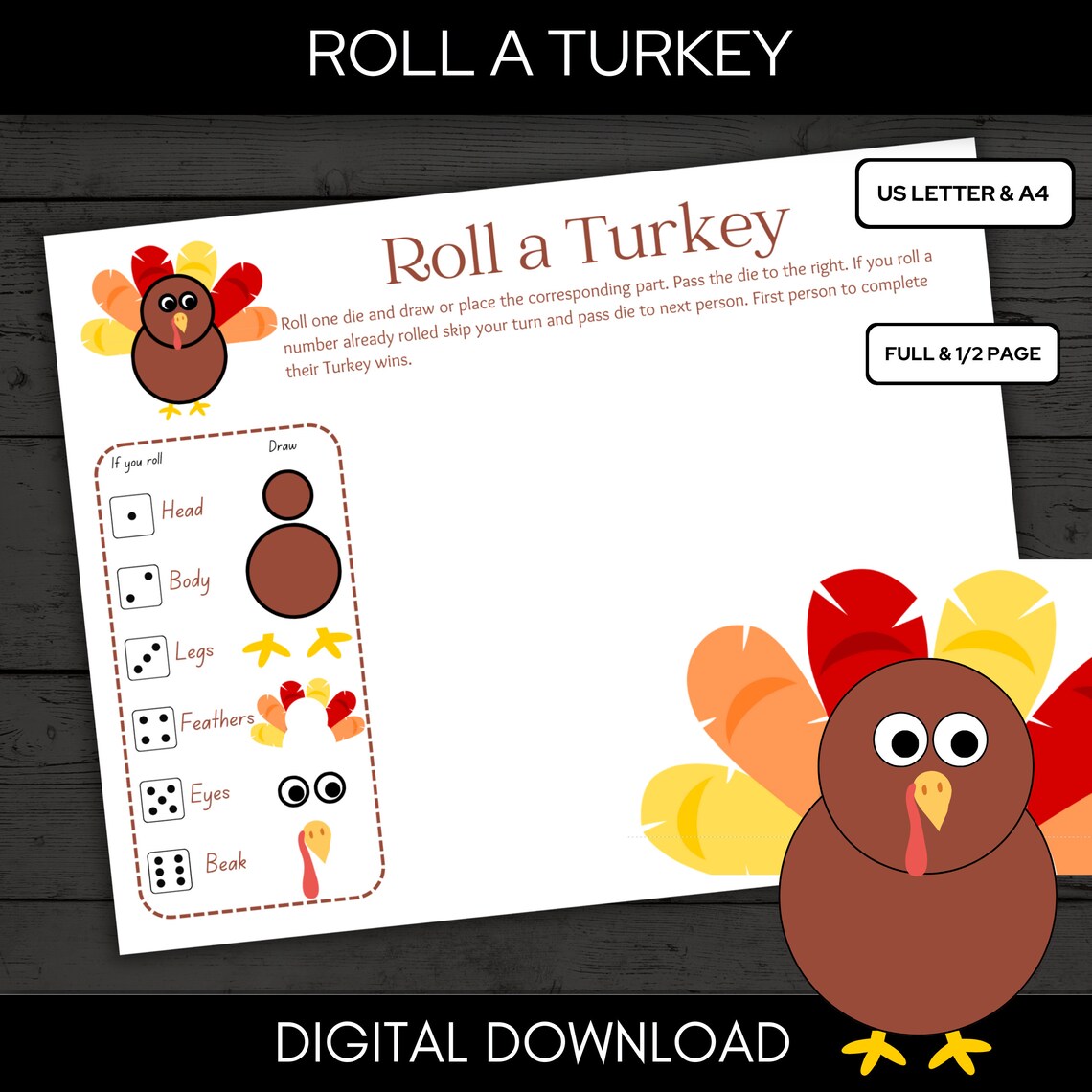 Roll a Turkey Dice Game, Thanksgiving Dice Game, Printable Thanksgiving ...
