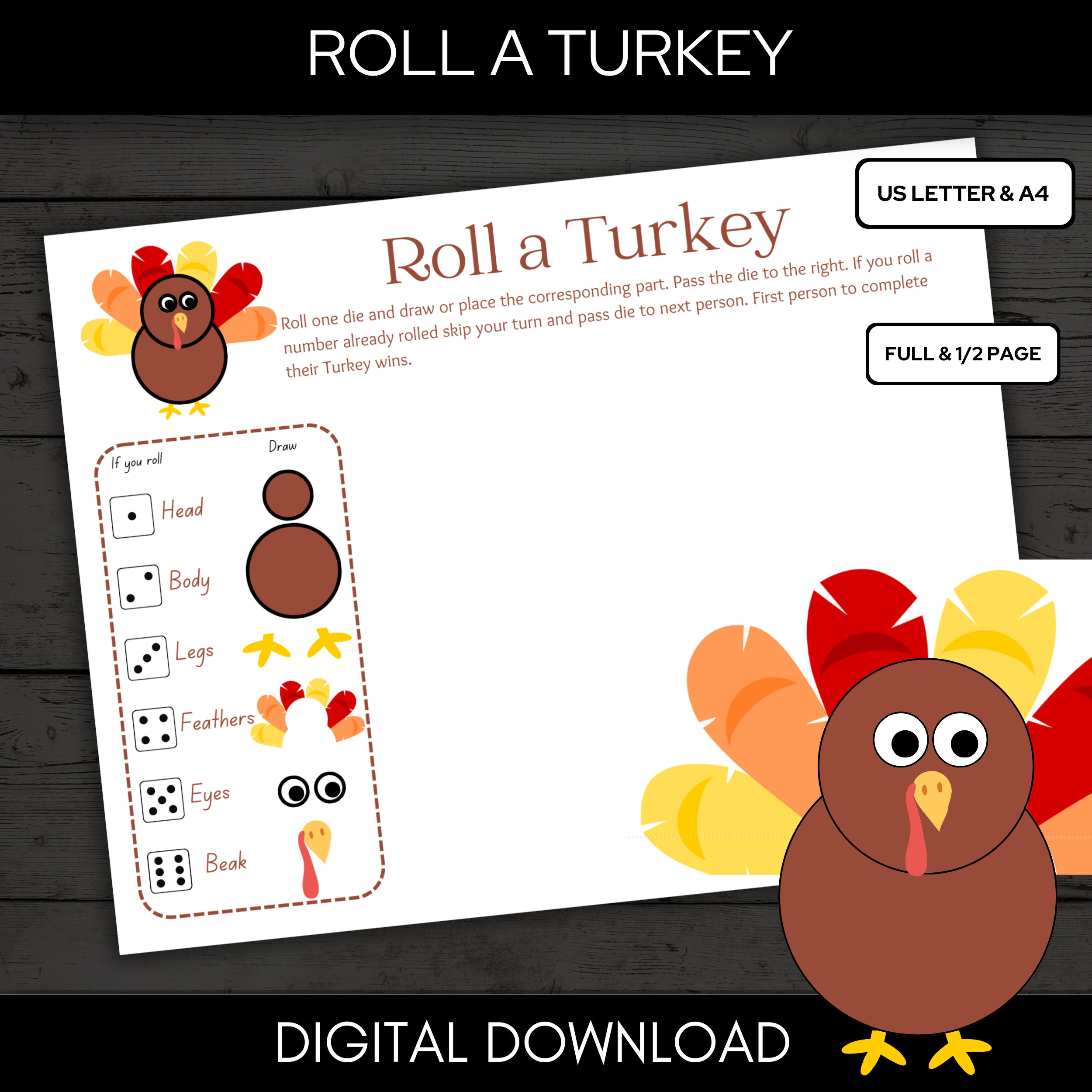 Roll a Turkey Dice Game, Thanksgiving Dice Game, Printable Thanksgiving ...