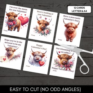 Cute Highland Cow Valentine Cards for Class Exchange Letter & A4 Format ...