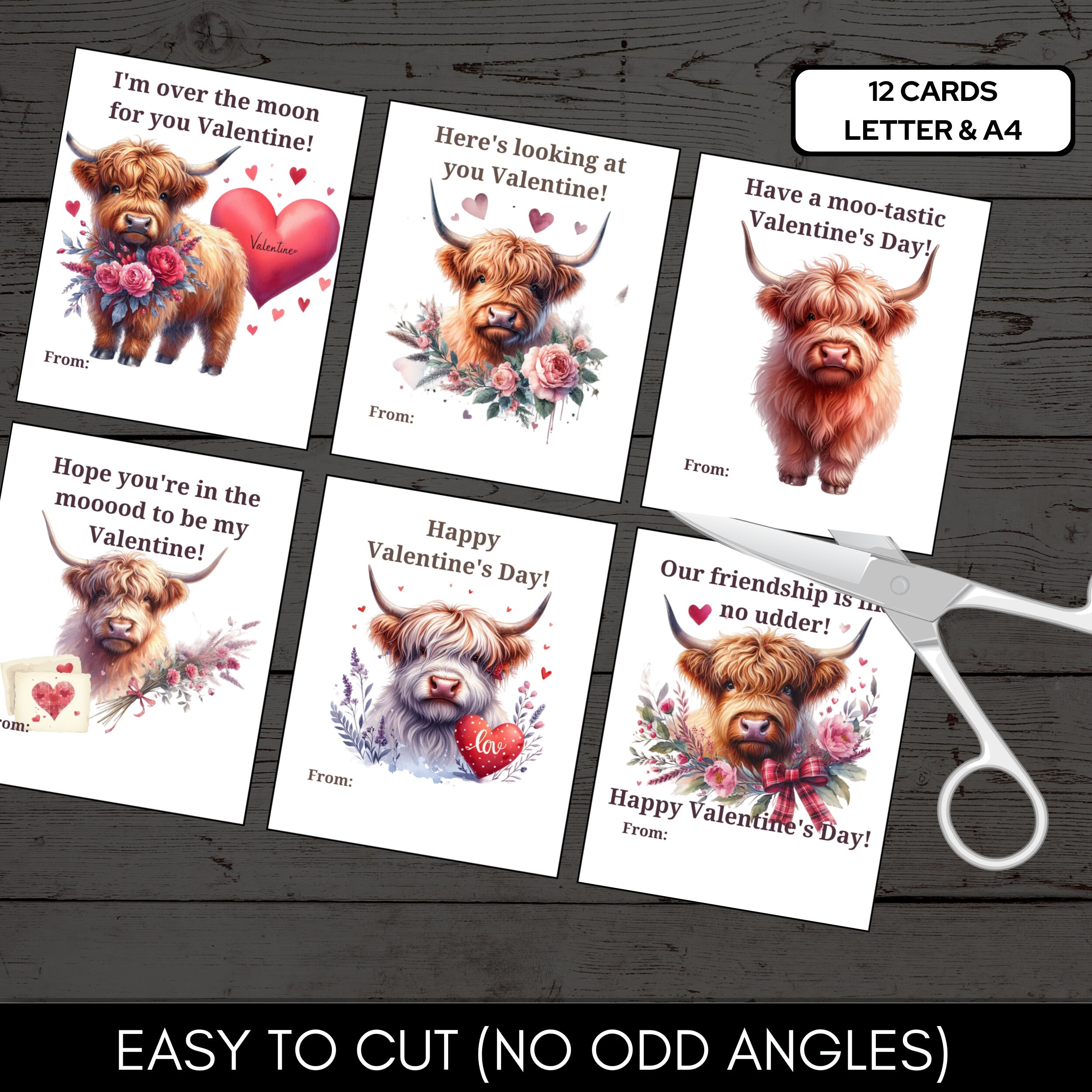 Cute Highland Cow Valentine Cards for Class Exchange Letter & A4 Format ...