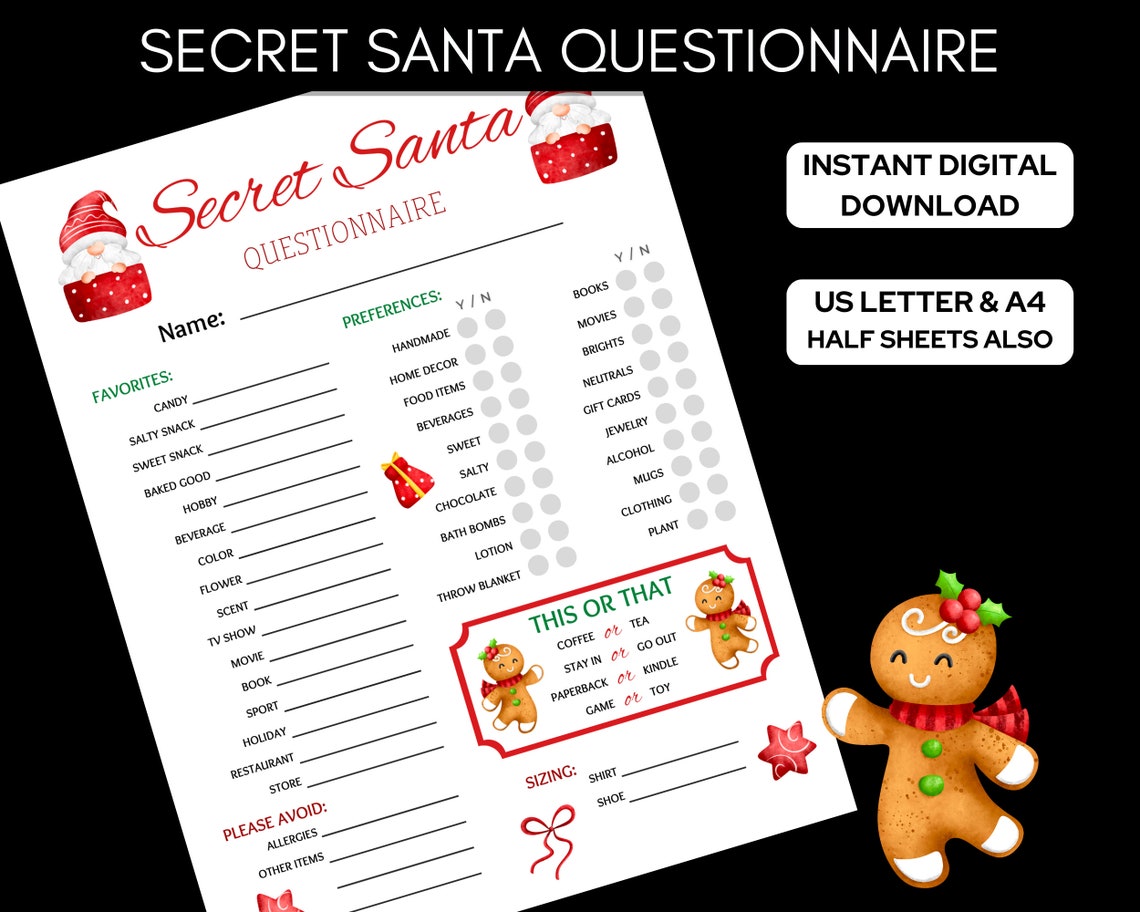 PDF Secret Santa Questionnaire, Secret Santa Gift Exchange Survey ...
