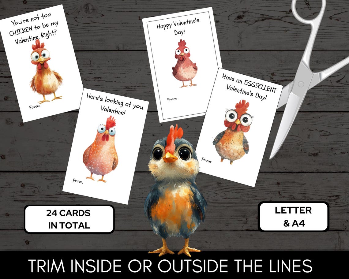 Funny Cute Chicken Valentine Cards for Class Exchange Letter & A4 ...
