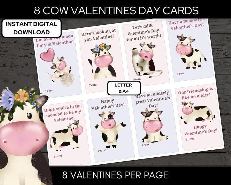 Funny Cute Cow Valentine Cards for Class Exchange Letter & A4 Format - Etsy