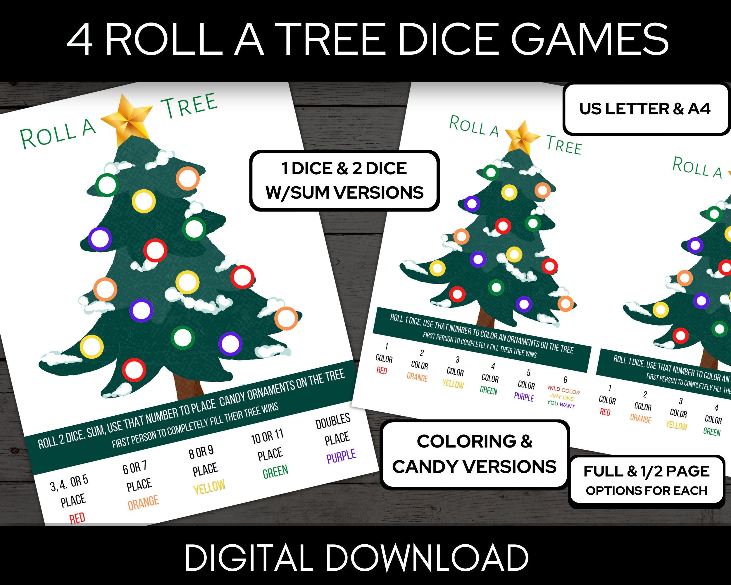 4 Roll A Tree Christmas Games, Roll A Tree Dice Game, Printable Games ...