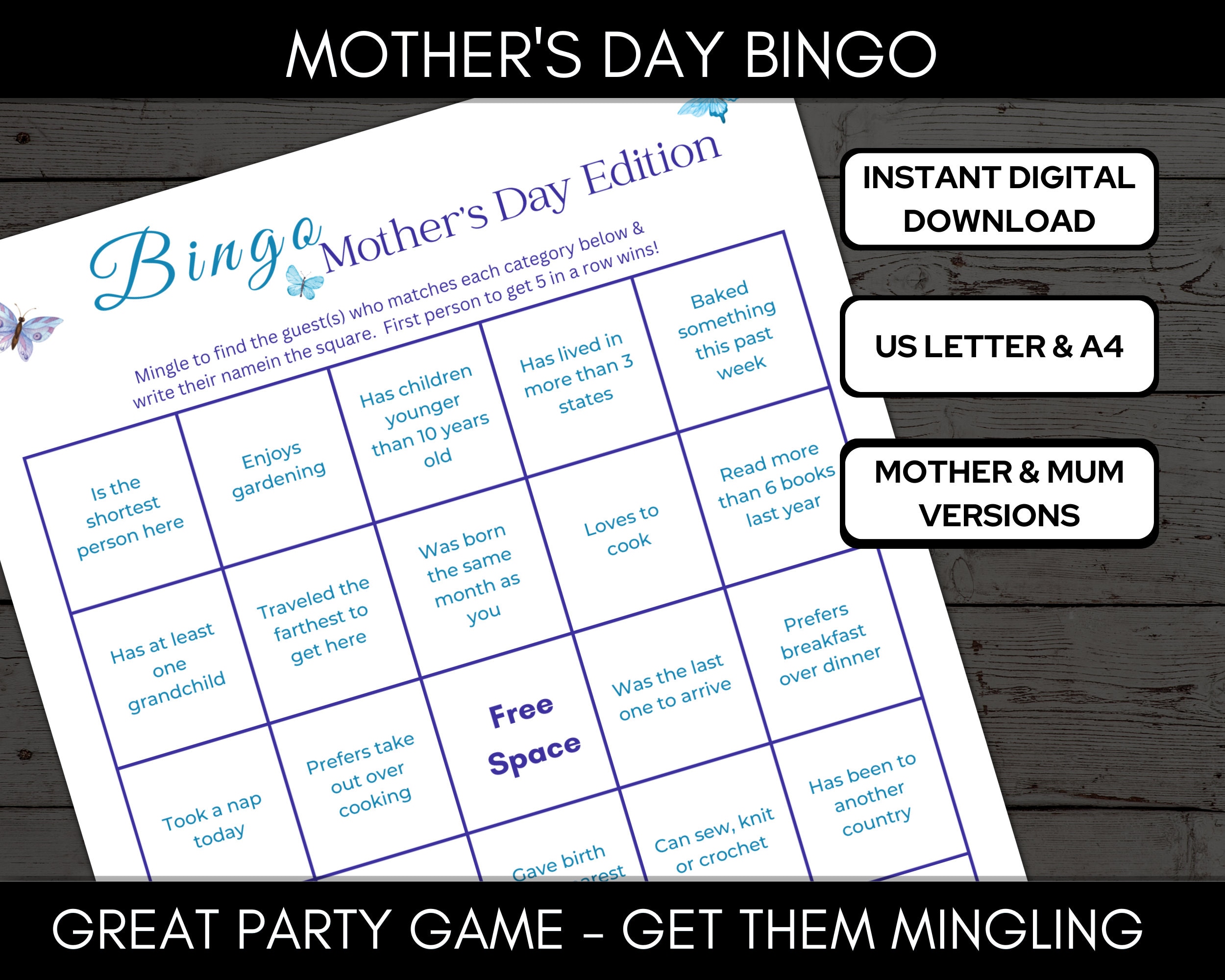 Mother's Day Find the Guest Bingo Party Game, Mum Mix and Mingle Party ...