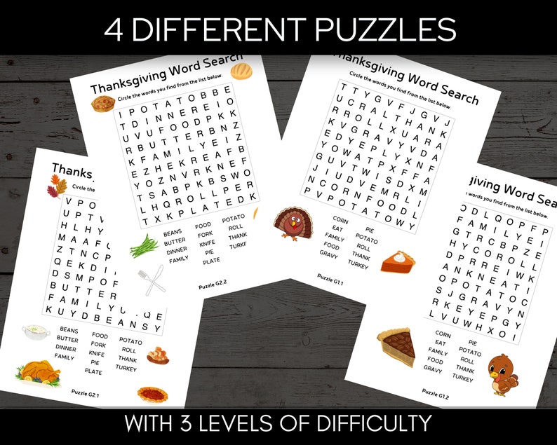 1st Grade Thanksgiving Word Search With Answer Sheet, Party Game, Kids ...