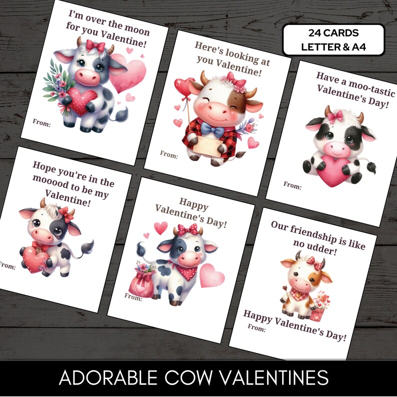 24 Cute Cow Valentine Cards for Class Exchange Letter & A4 Format - Etsy