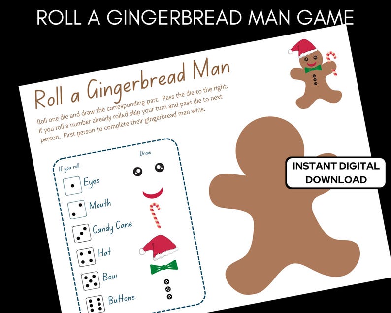 Roll a Gingerbread Man Dice Game, Christmas Dice Game, Family Xmas ...