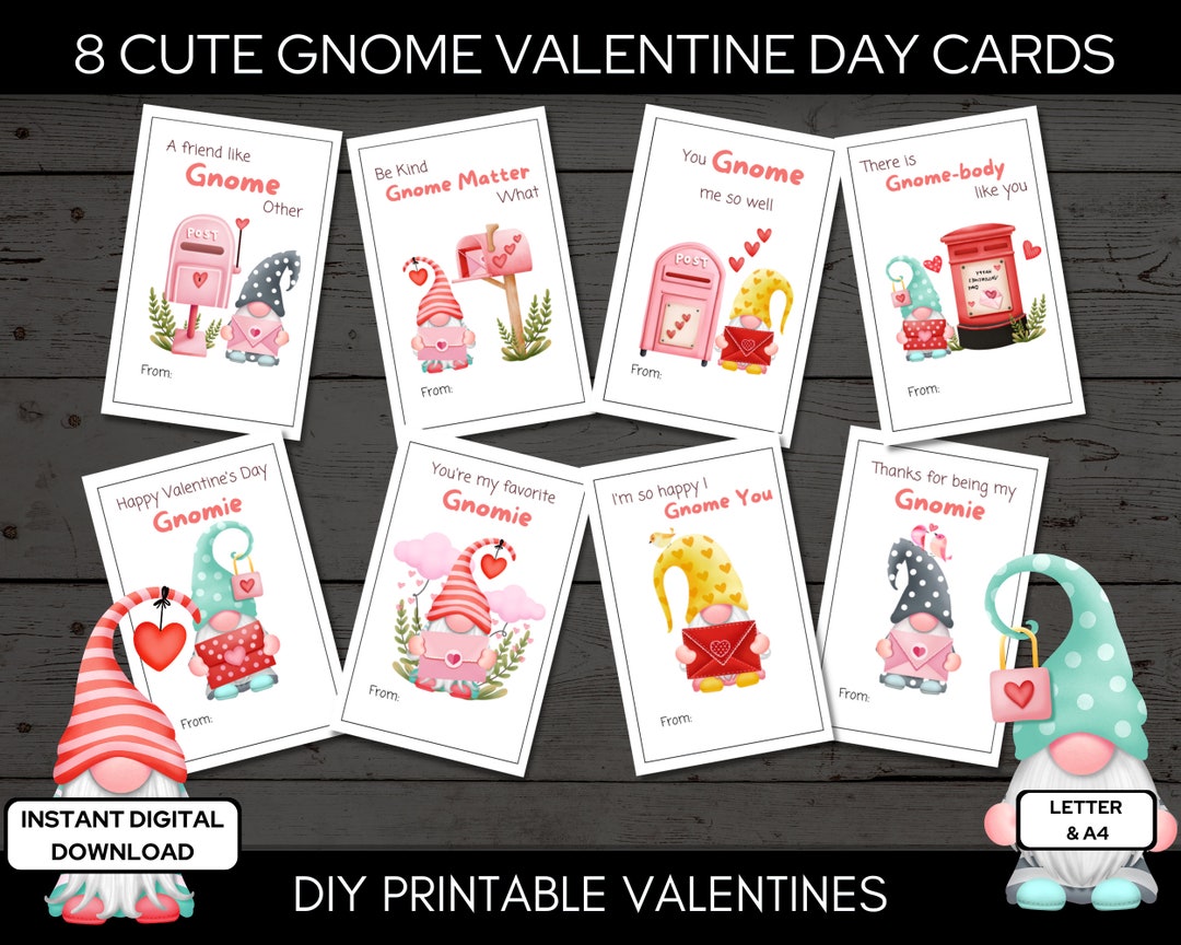 8 Printable Gnome Valentine Cards for Classroom Valentines Exchanges ...