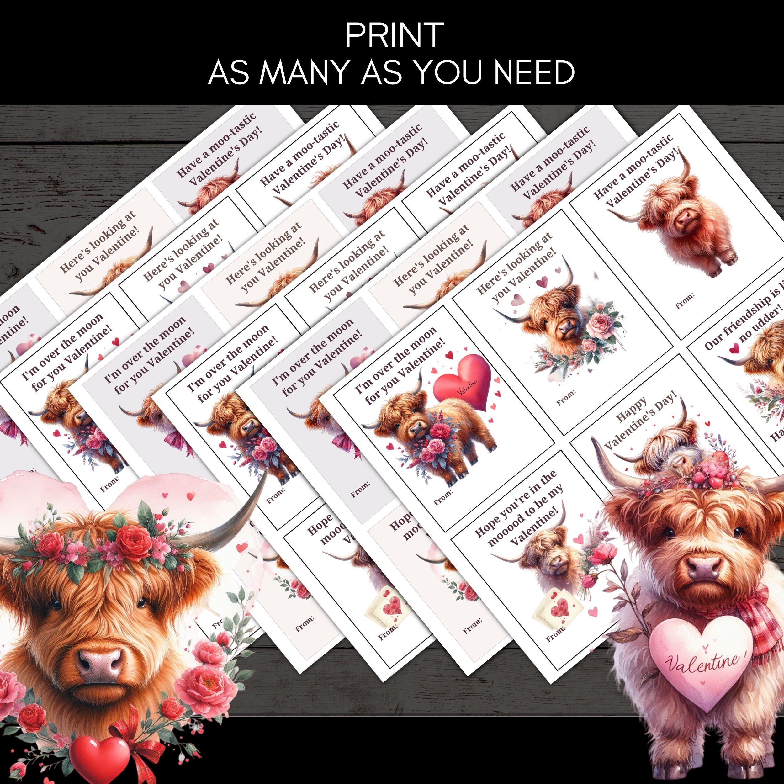 Cute Highland Cow Valentine Cards for Class Exchange Letter & A4 Format ...