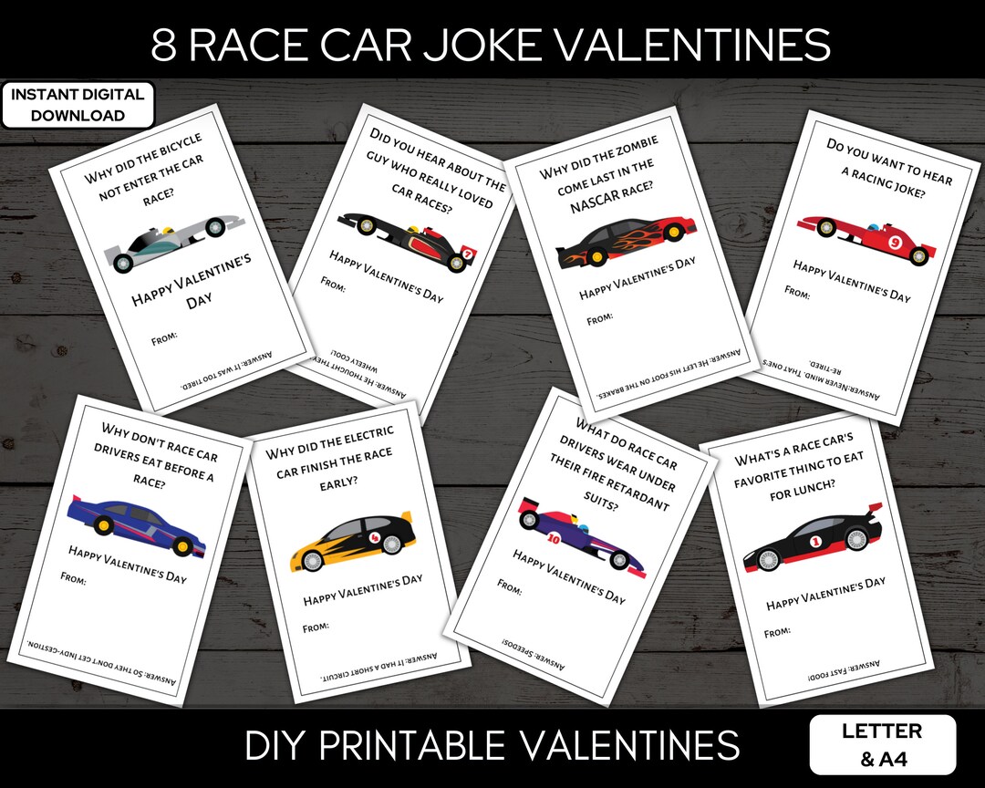 Racing Car Joke Valentine Cards - Classroom Valentines - Valentines Day ...
