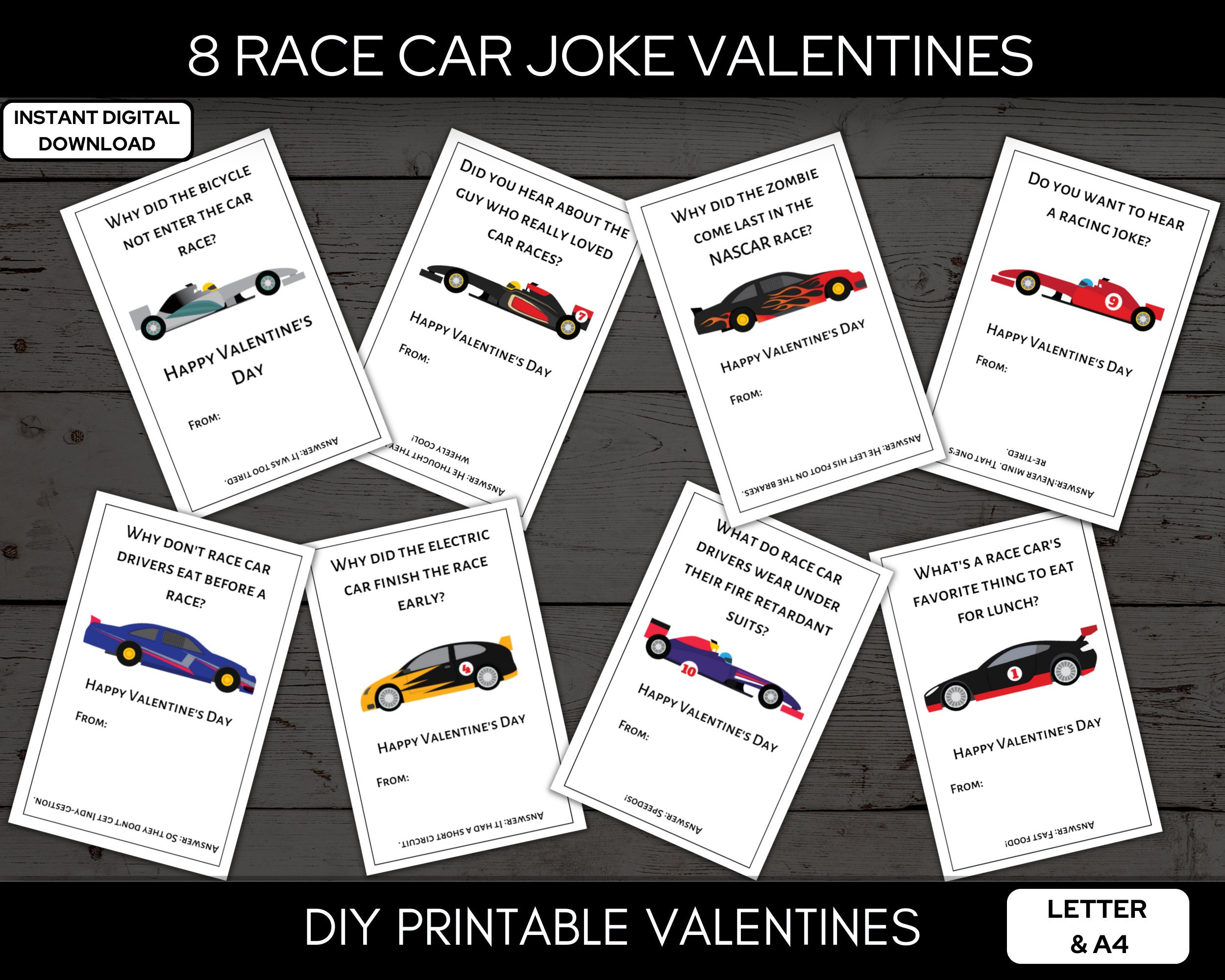 Racing Car Joke Valentine Cards - Classroom Valentines - Valentines Day ...