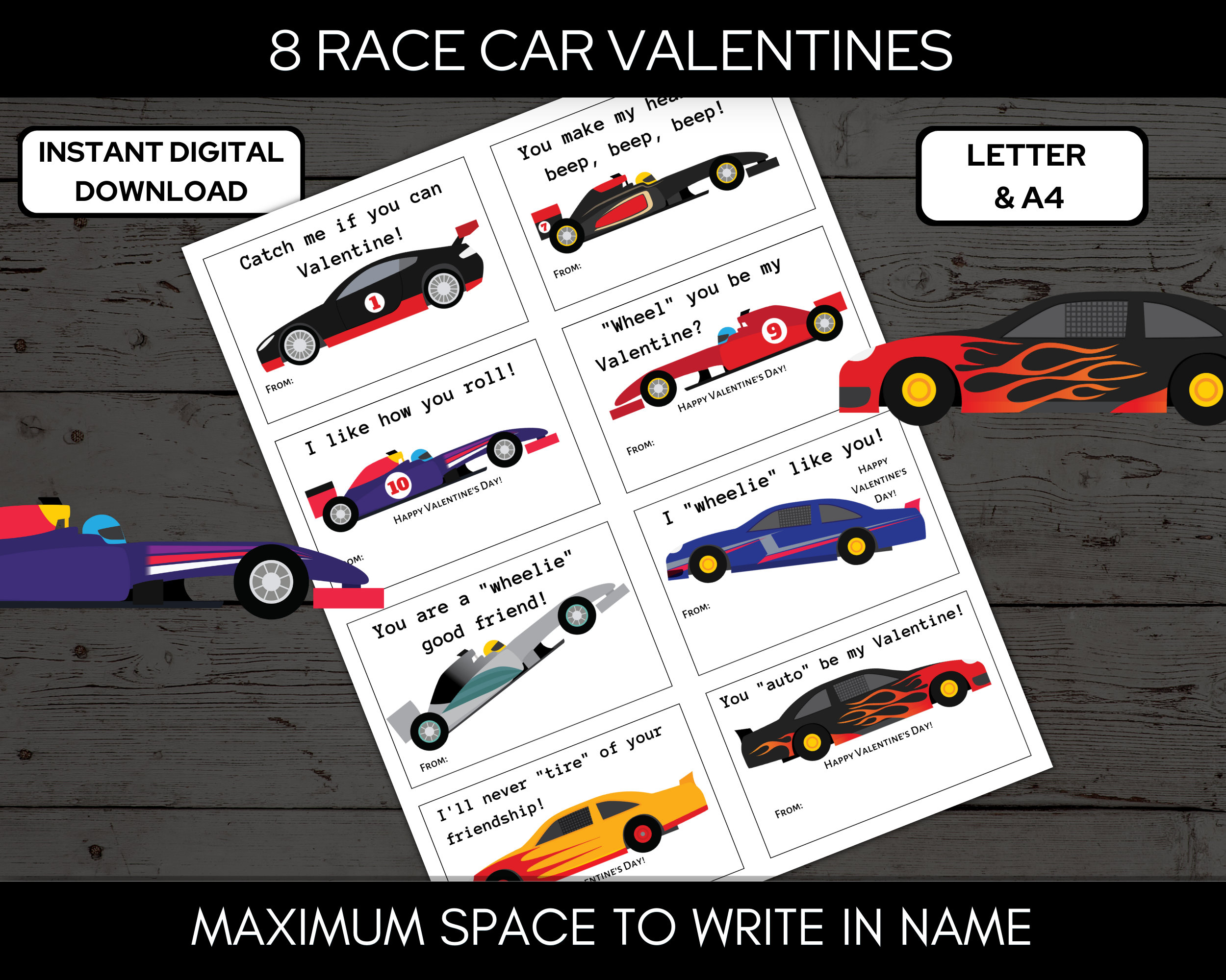 Racing Car Valentine Cards - Racer Classroom Valentines - Race Car ...