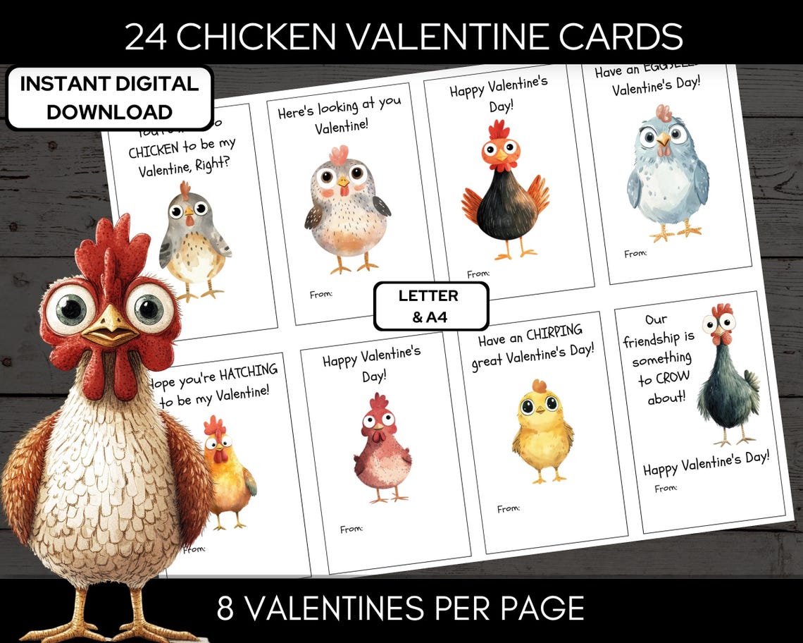 Funny Cute Chicken Valentine Cards for Class Exchange Letter & A4 ...