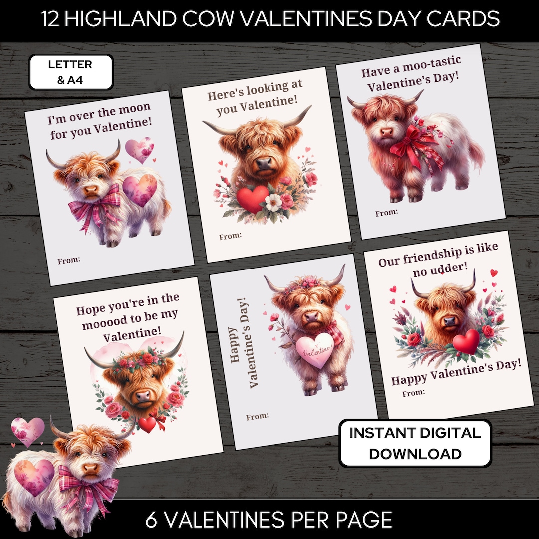 Cute Highland Cow Valentine Cards for Class Exchange Letter & A4 Format ...