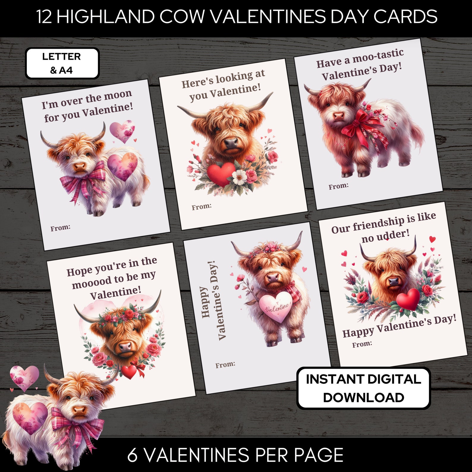 Cute Highland Cow Valentine Cards for Class Exchange Letter & A4 Format ...