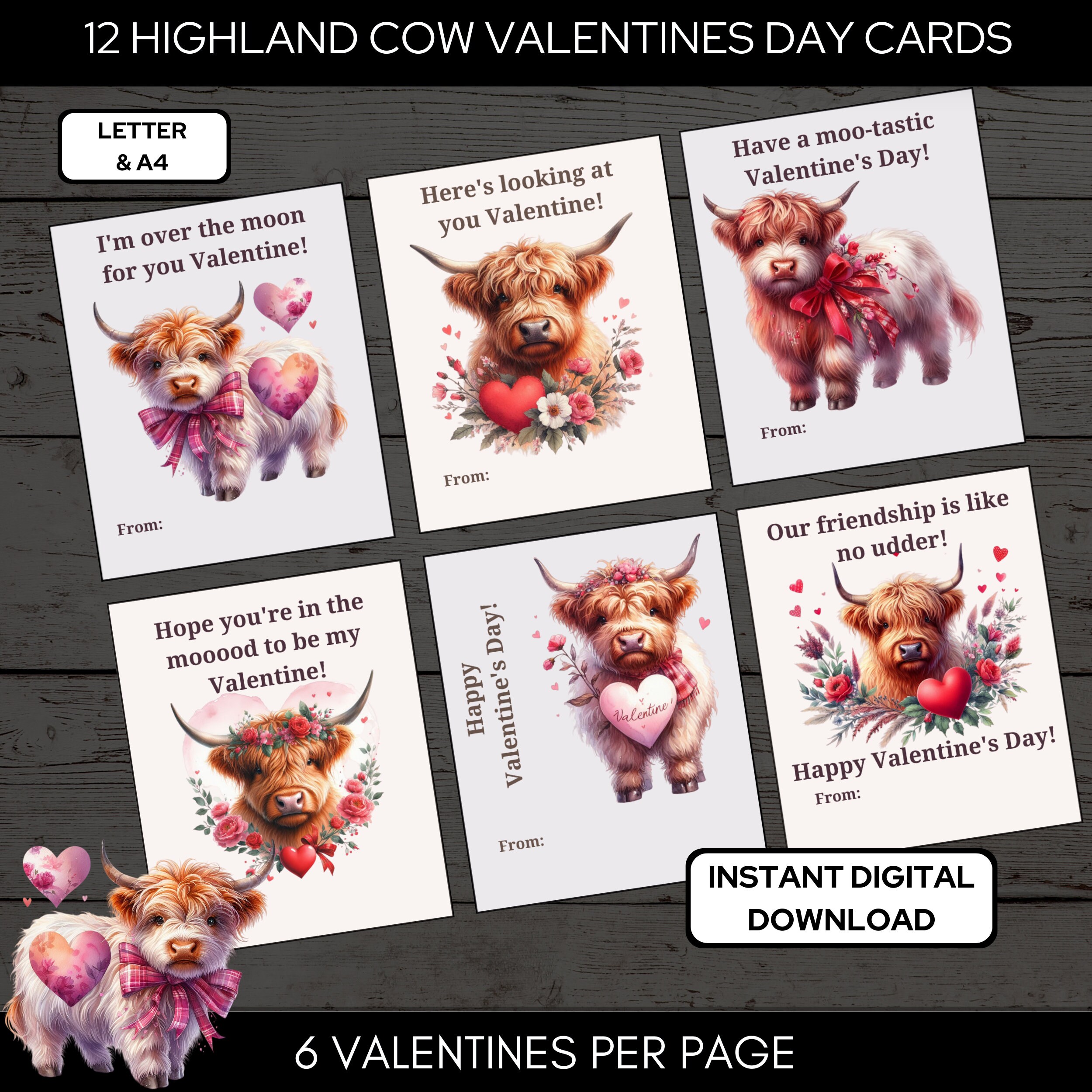 Cute Highland Cow Valentine Cards for Class Exchange Letter & A4 Format ...