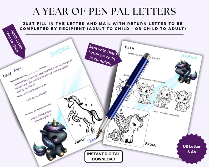 12 Months of Unicorn Themed Pen Pal Letters & Unicorn Stationary ...