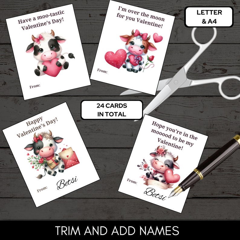 24 Cute Cow Valentine Cards for Class Exchange Letter & A4 Format - Etsy