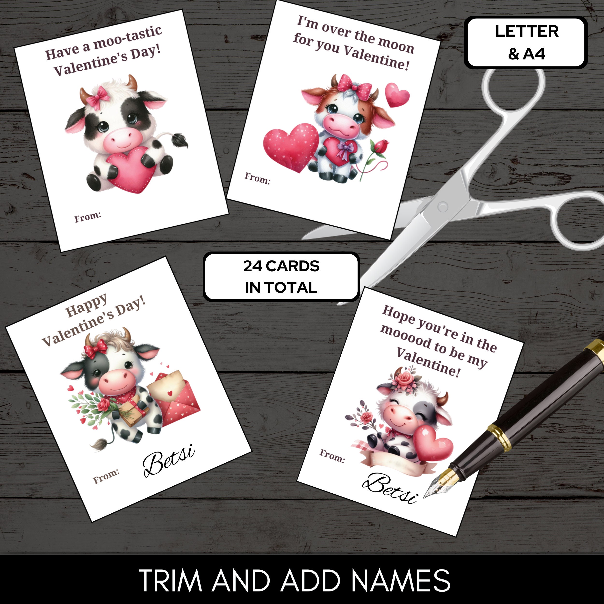 24 Cute Cow Valentine Cards for Class Exchange Letter & A4 Format - Etsy