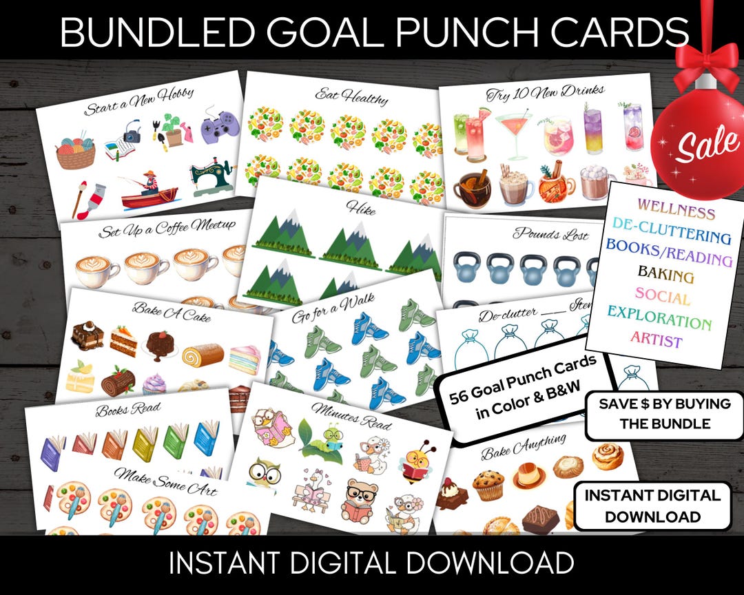 Bundle of Goal Punch Cards / Art, Bake, De-clutter, Explore, Read ...
