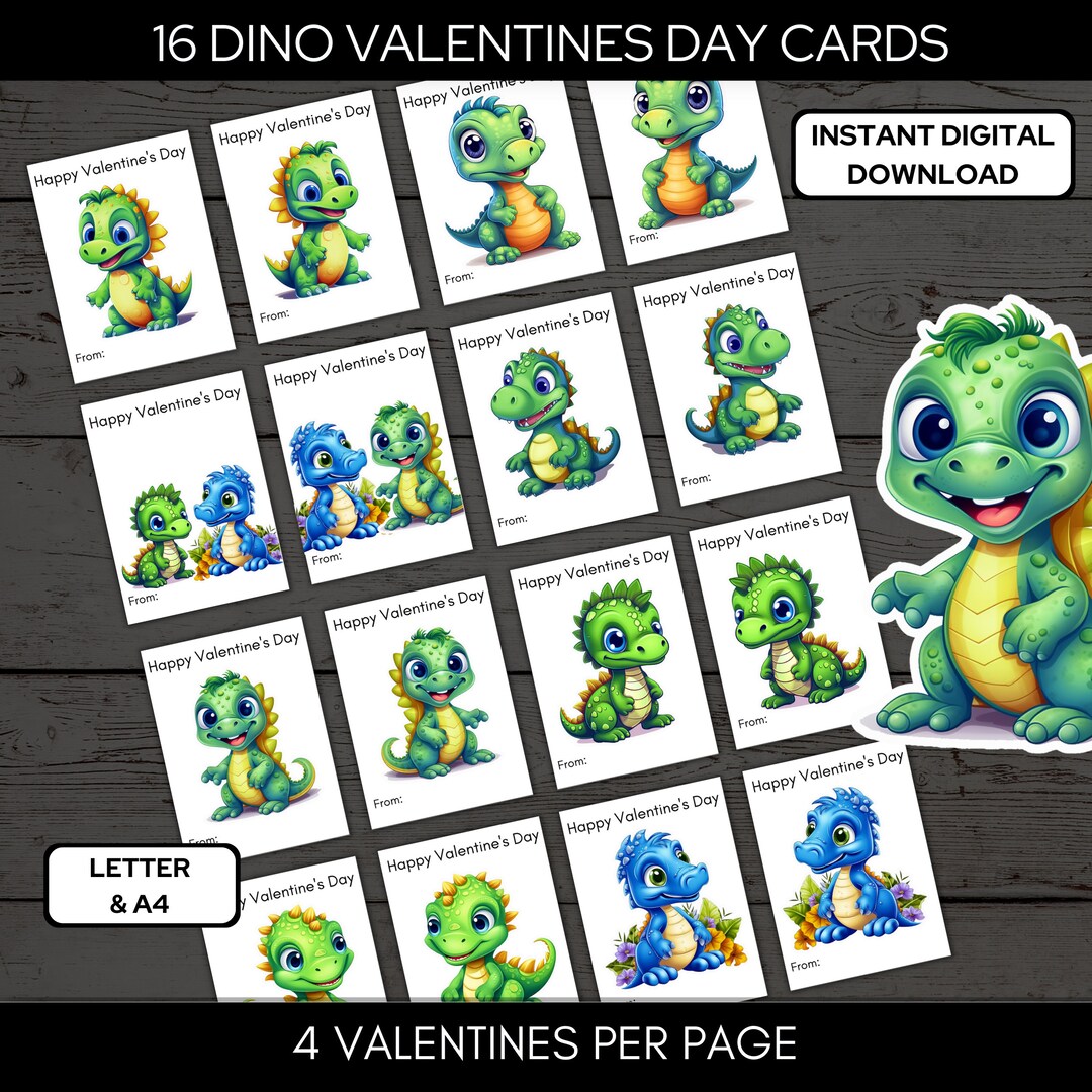 16 Dinosaur Valentines Day Cards, Dino Classroom Valentines, Dinosaur ...