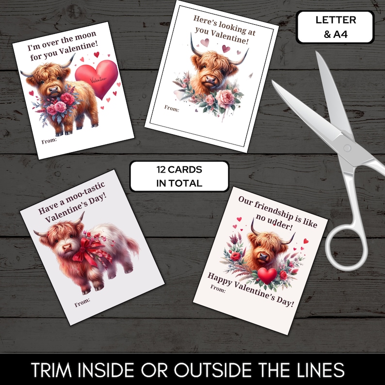 Cute Highland Cow Valentine Cards for Class Exchange Letter & A4 Format ...