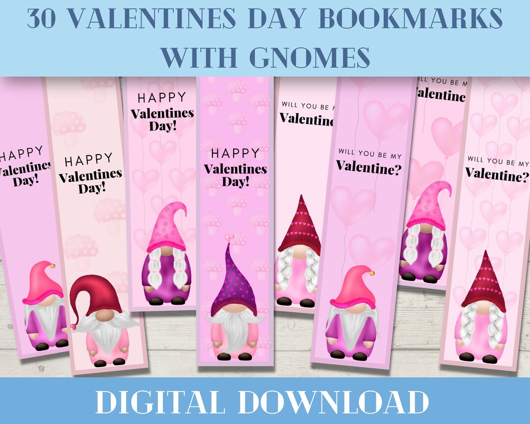 Valentine Bookmarks With Gnomes, Printable Gnome Bookmarks, Digital ...