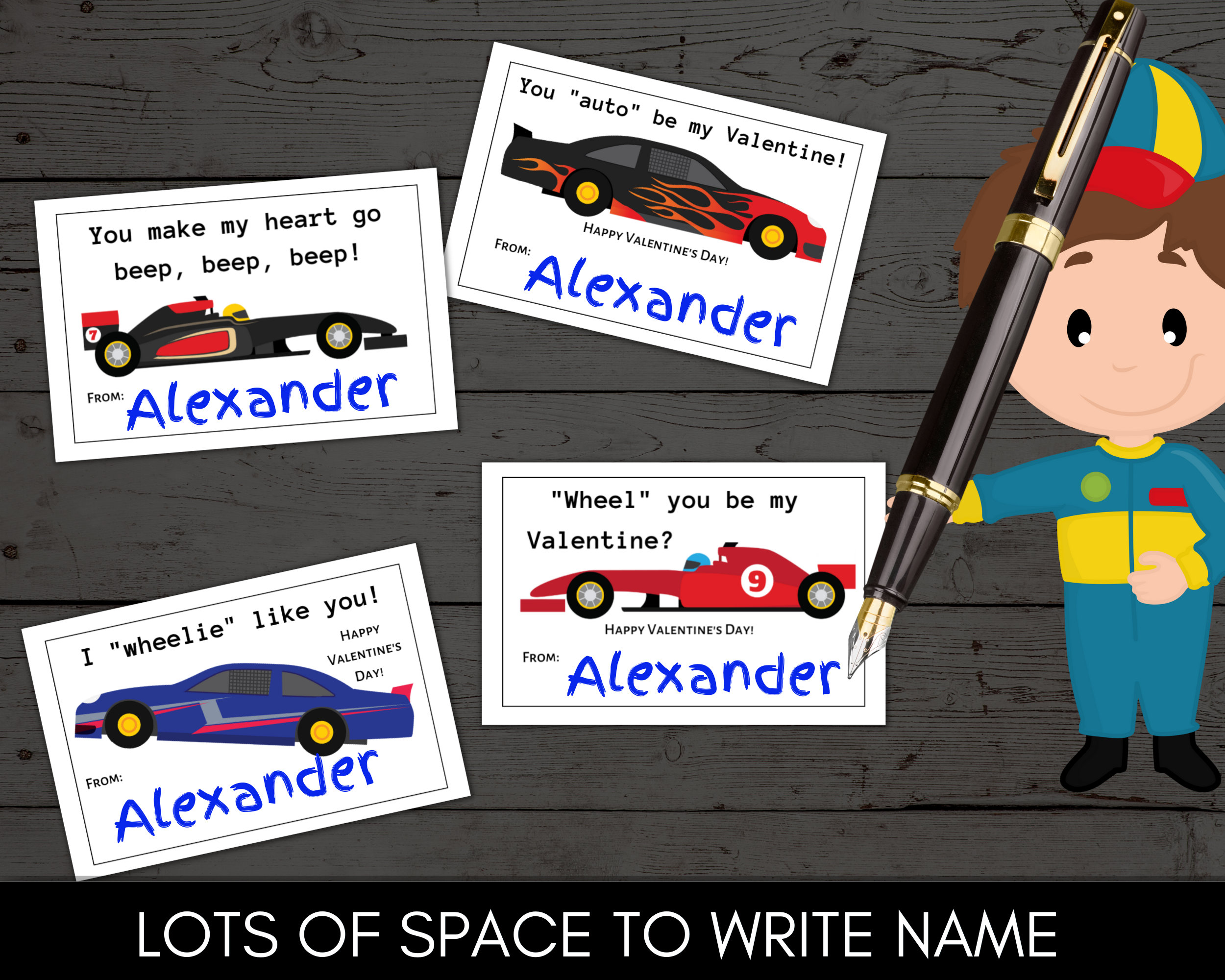 Racing Car Valentine Cards - Racer Classroom Valentines - Race Car ...