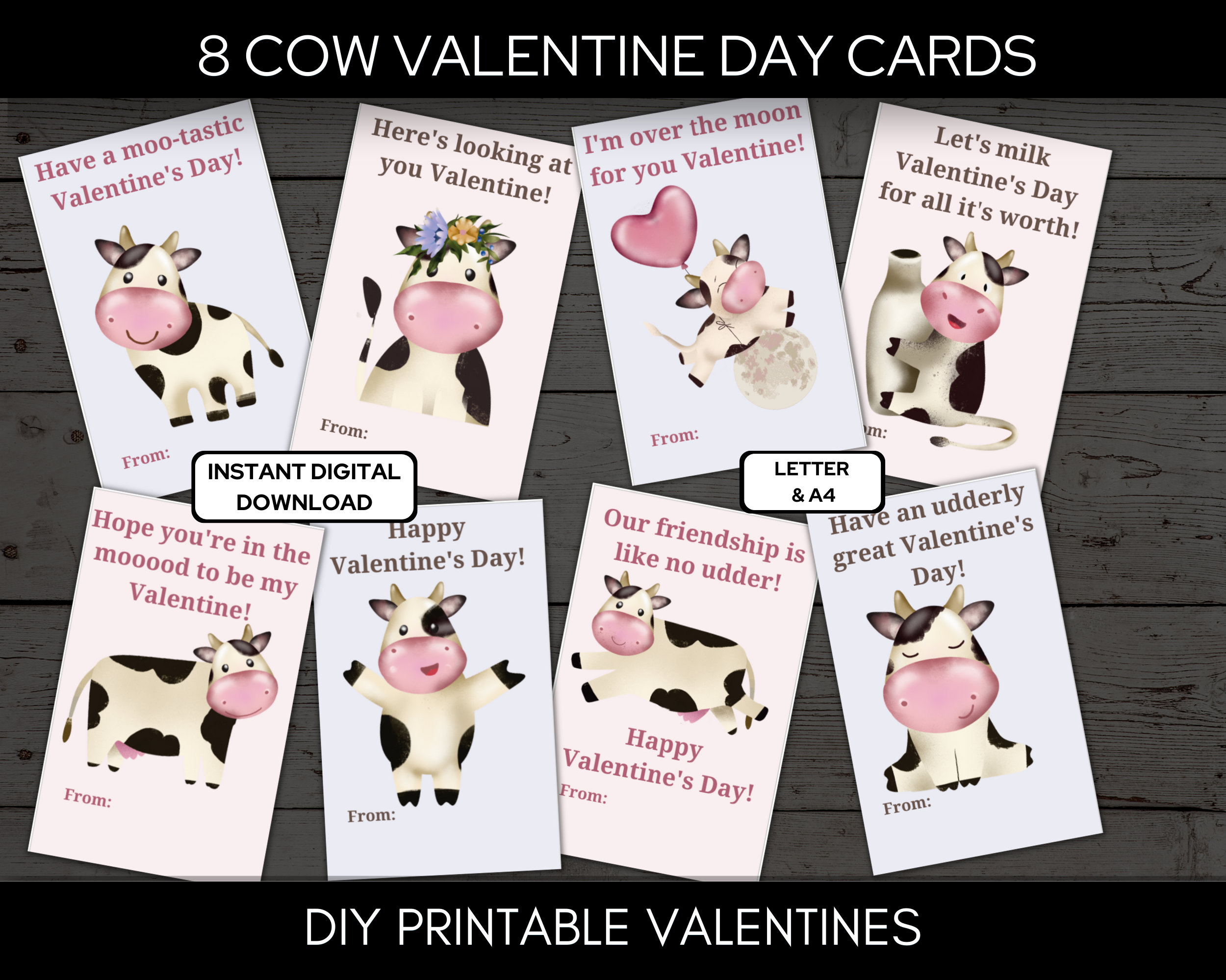 Funny Cute Cow Valentine Cards for Class Exchange Letter & A4 Format - Etsy
