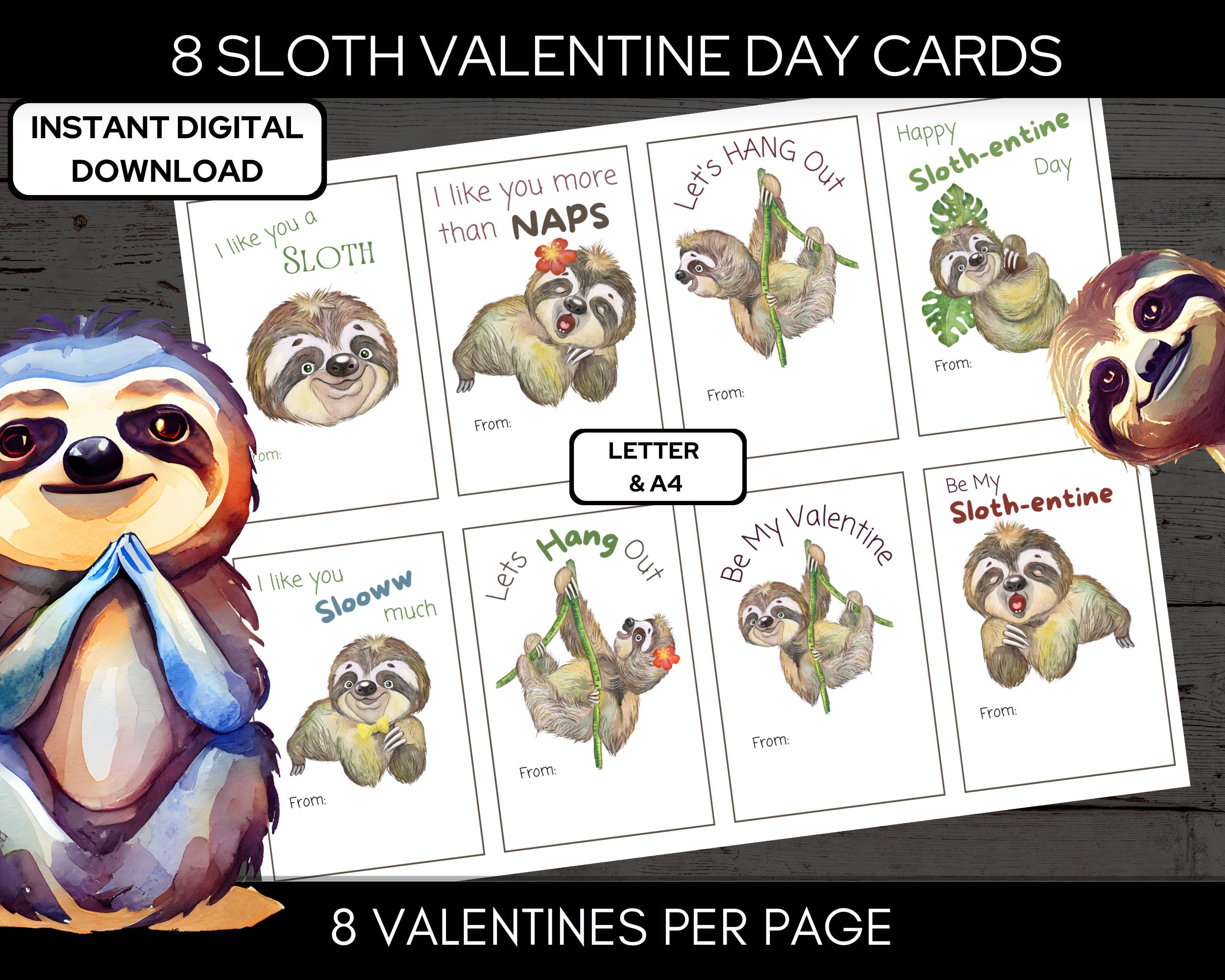 8 Printable Sloth Valentine Cards Letter & A4 - Etsy