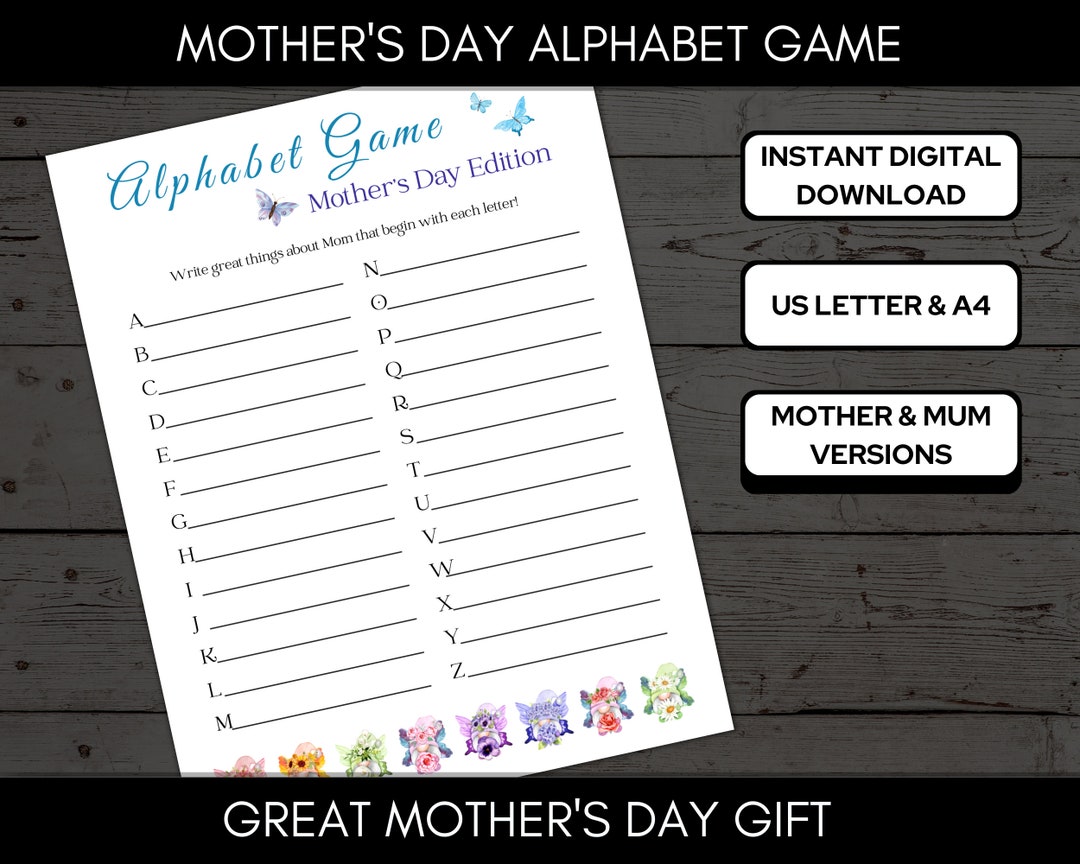 Mother's Alphabet Game, Mum A-Z Game, Mother's Day Gift A4 & Letter - Etsy