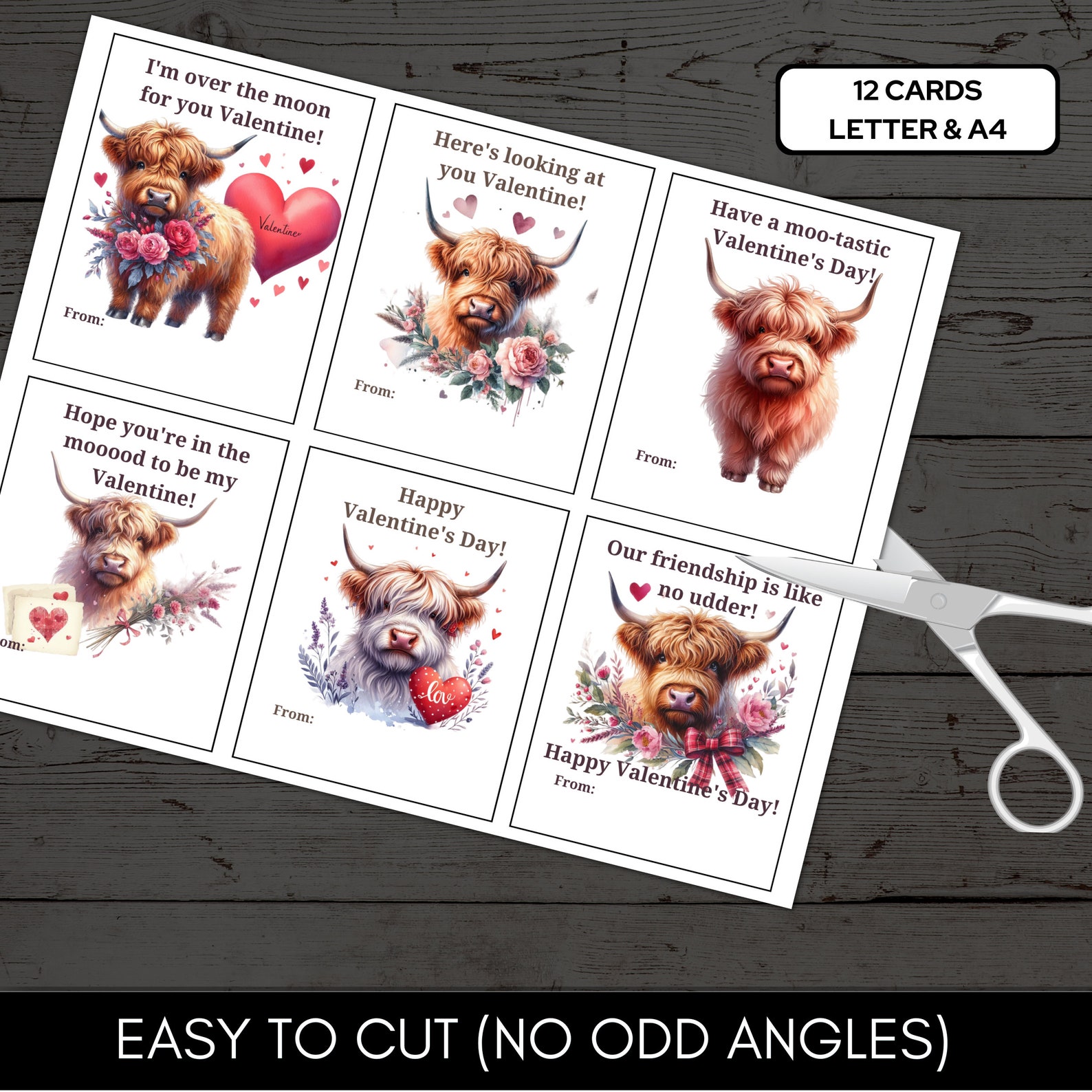 Cute Highland Cow Valentine Cards for Class Exchange Letter & A4 Format ...