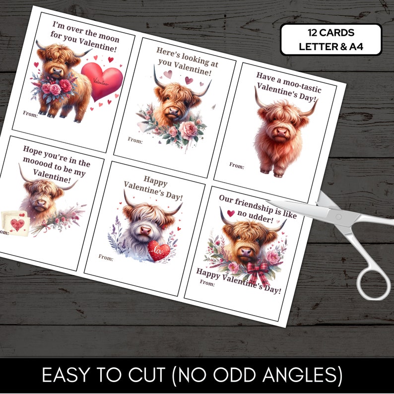 Cute Highland Cow Valentine Cards for Class Exchange Letter & A4 Format ...