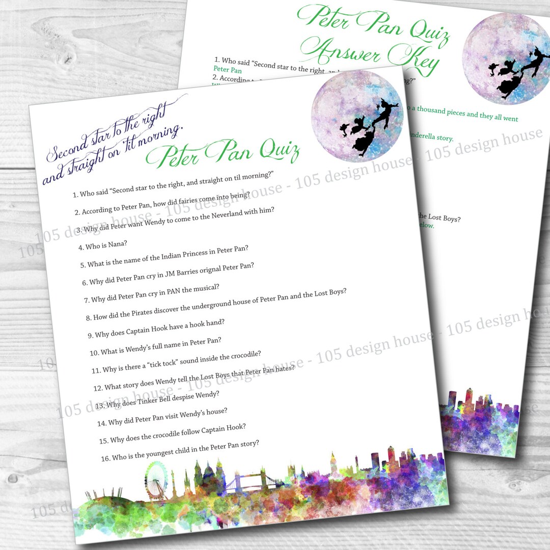 Peter Pan Quiz Printable - Peter Pan Party Game - Peter Pan Printable ...