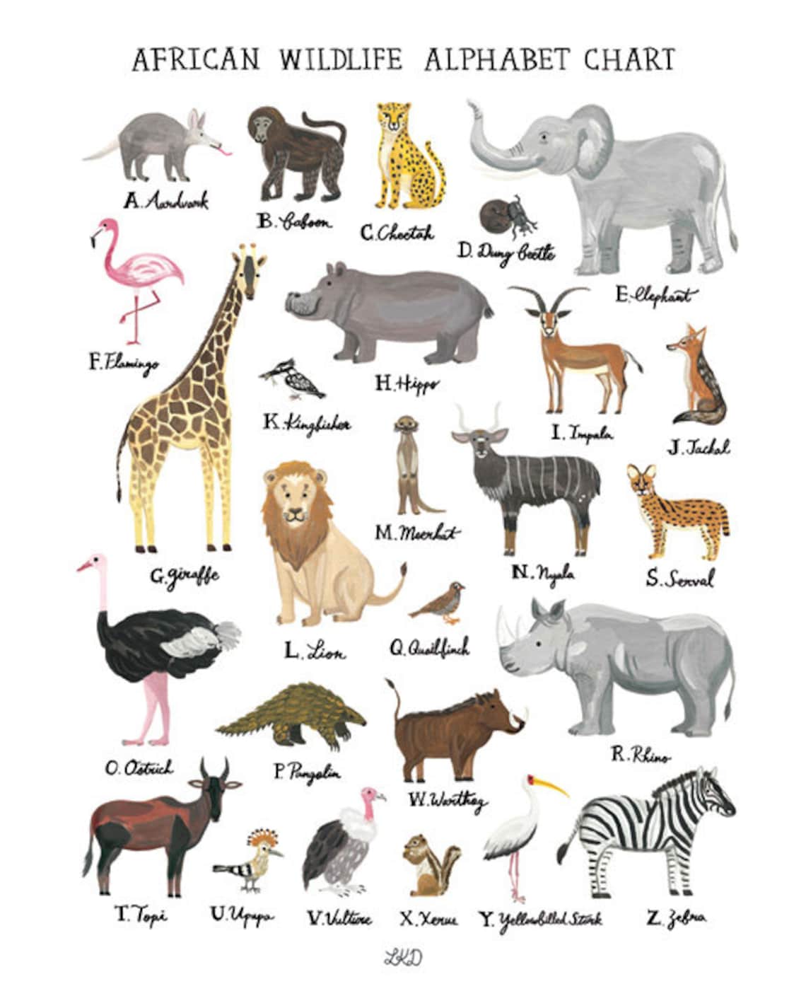 African Wildlife Alphabet Chart Art Print - Etsy Canada
