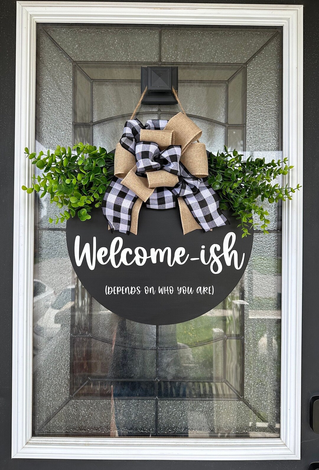 Welcome-ish Door Hanger, Black Porch Sign, Welcome Sign, Wood Door Sign ...