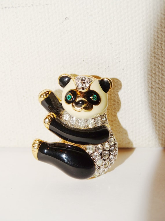Green Eye Panda Vintage with Rhinestone Brooch. | Etsy