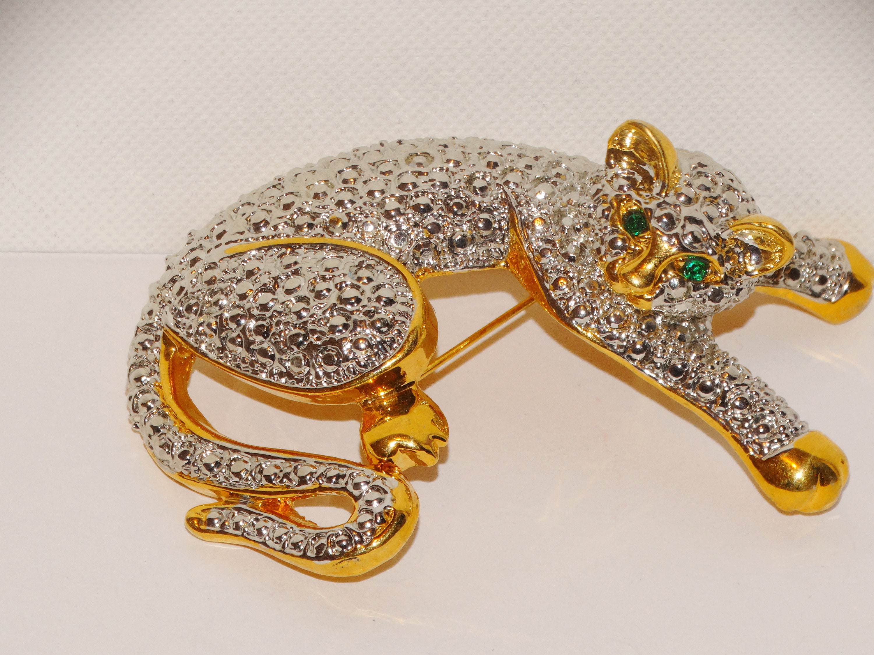 Large Gold Plated Cat Brooch W/green Eye White Rhinestne. - Etsy