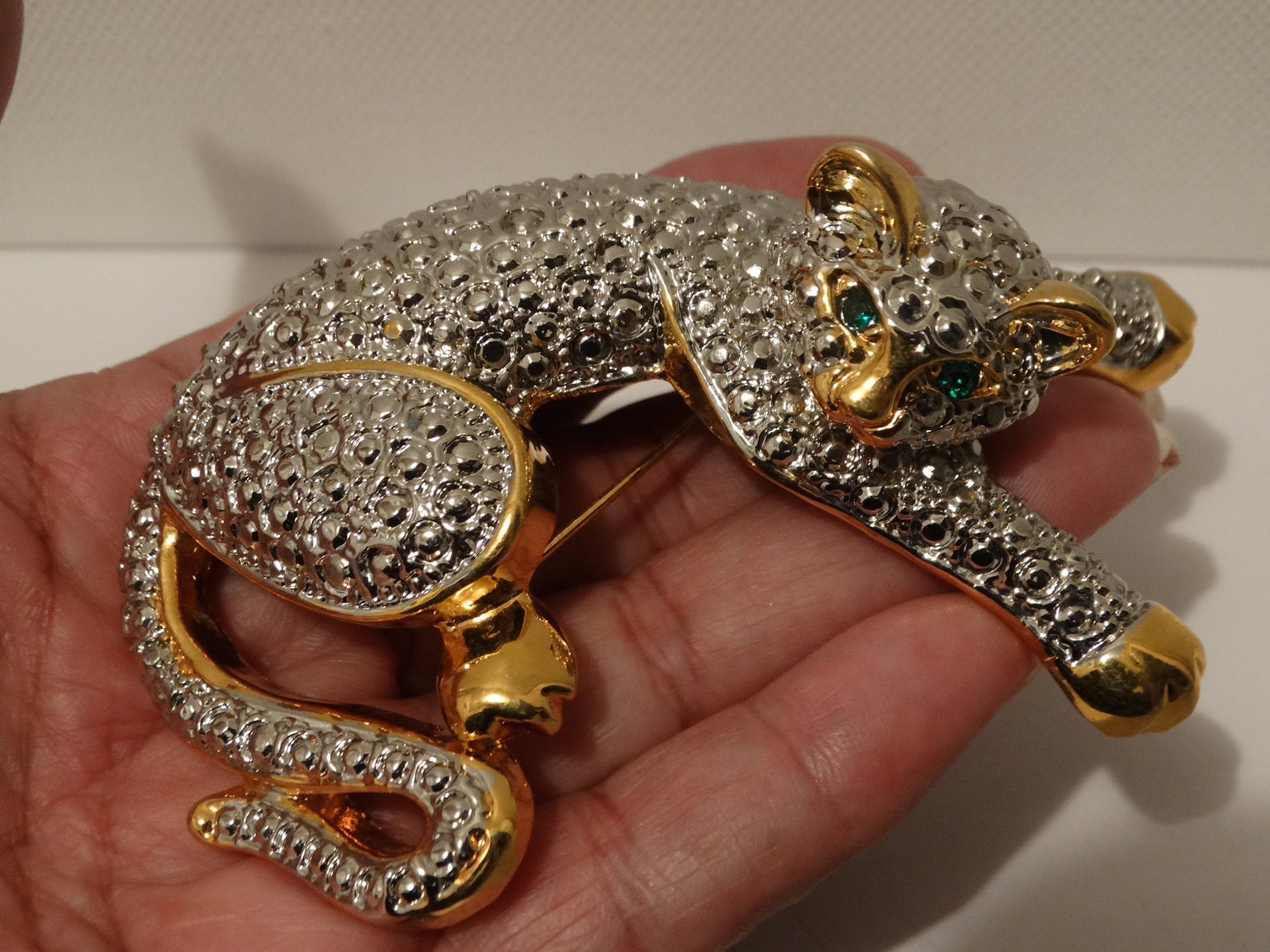 Large Gold Plated Cat Brooch W/green Eye White Rhinestne. - Etsy